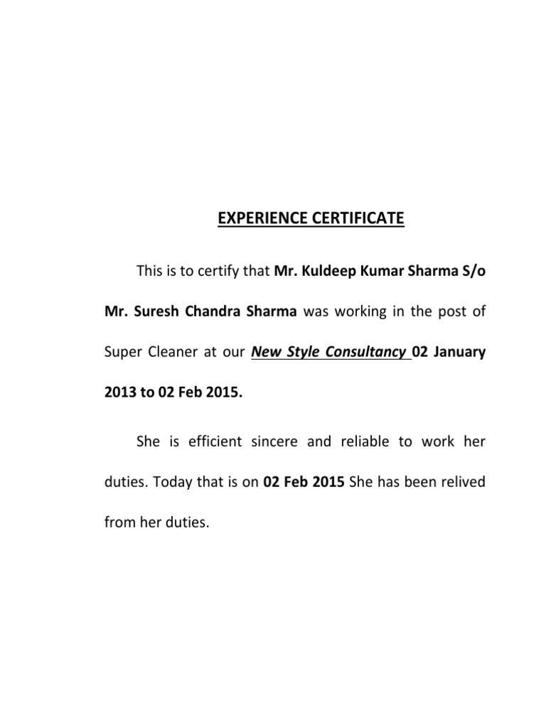 Experience Certificate: This Is To Certify That Mr. Kuldeep Kumar Sharma S/o | PDF