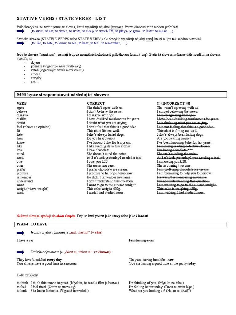 Stative Verbs List - Easy | PDF