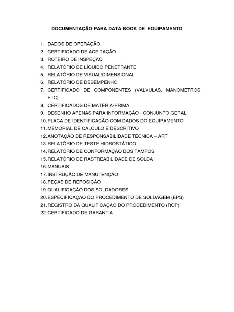 Roteiro para Databook de Equipamento | PDF | Tecnologia e Engenharia