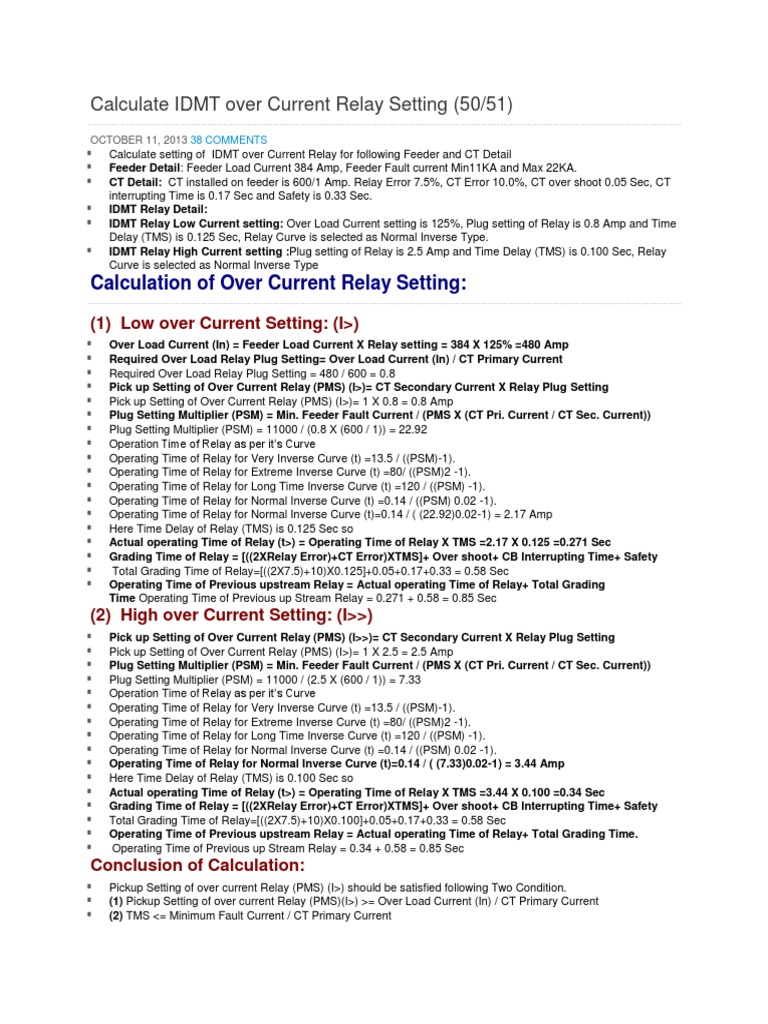 Calculate IDMT Over Current Relay Setting (50/51) | PDF | Relay ...