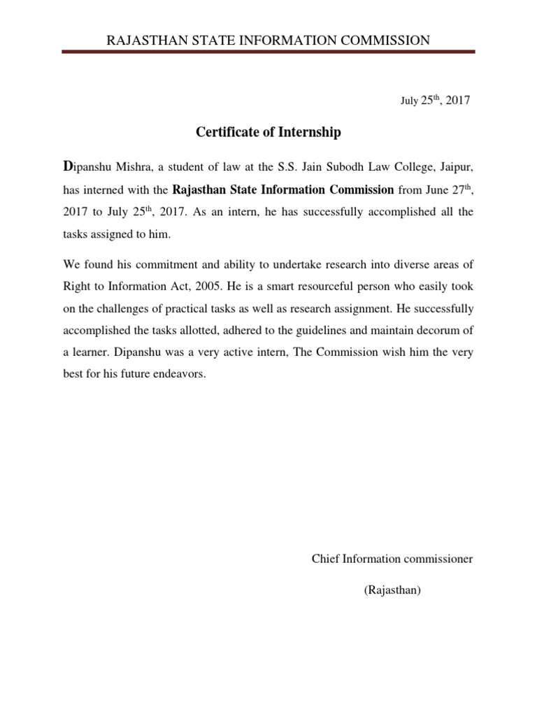 Certificate of Internship D: Rajasthan State Information Commission | PDF