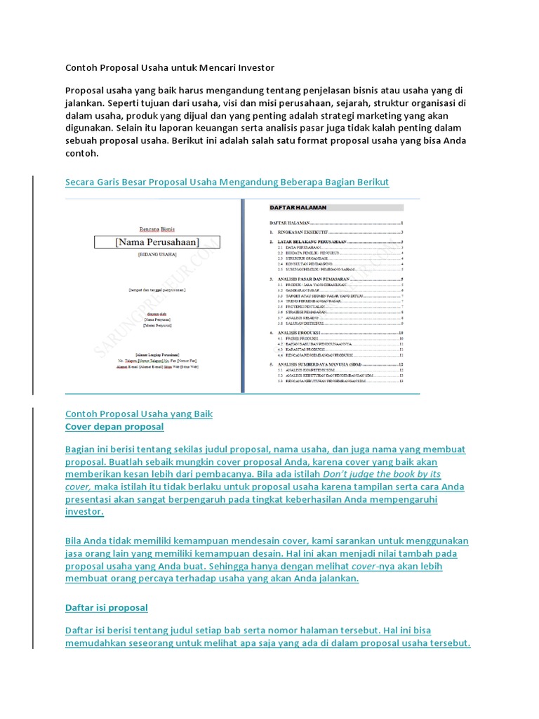 Contoh Proposal Usaha Untuk Mencari Investor | PDF