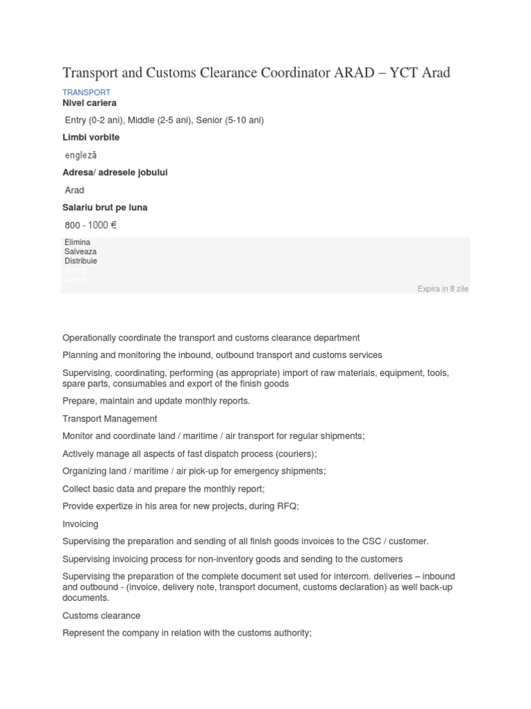 Transport and Customs Clearance Coordinator Job Description | PDF ...