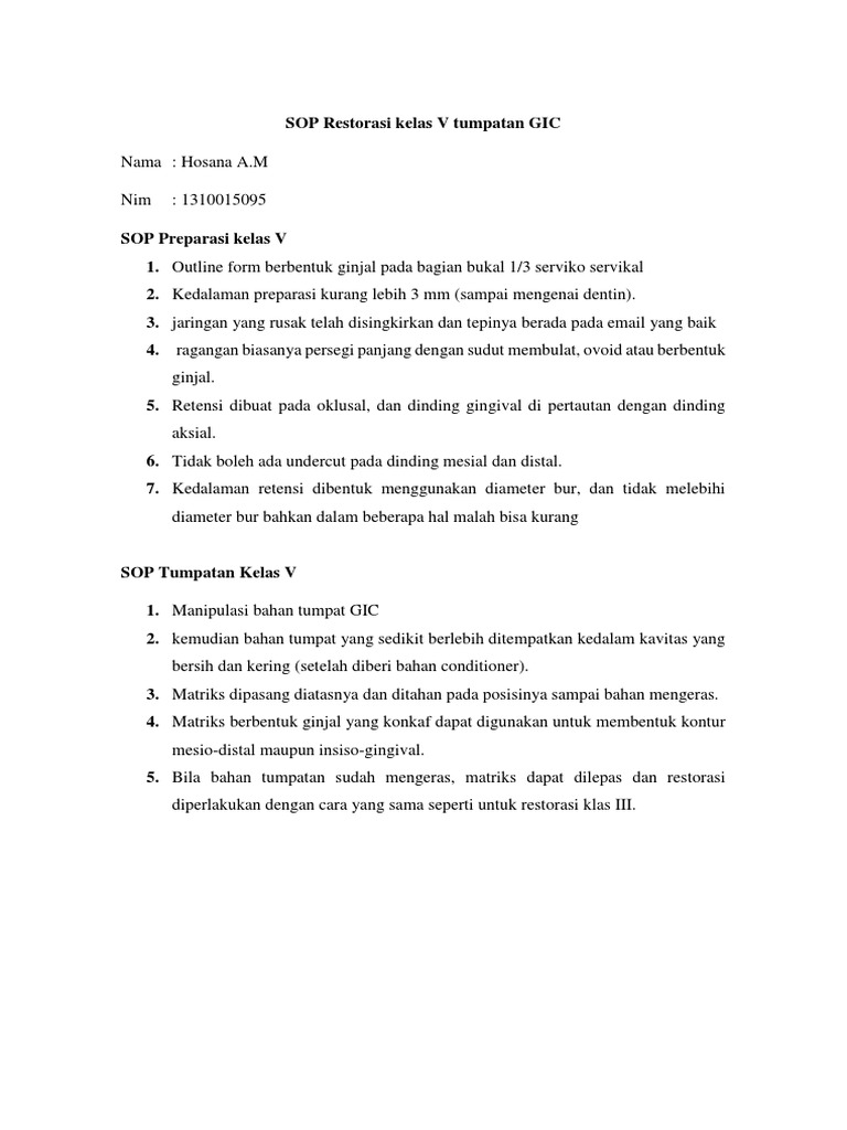 SOP Restorasi Kelas V Tumpatan GI1 | PDF