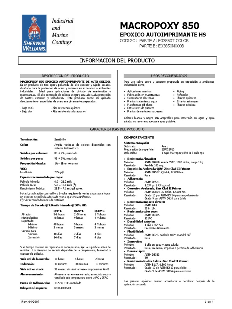 Macropoxy 850: Epóxico Autoimprimante HS | PDF | Aluminio | Pintar
