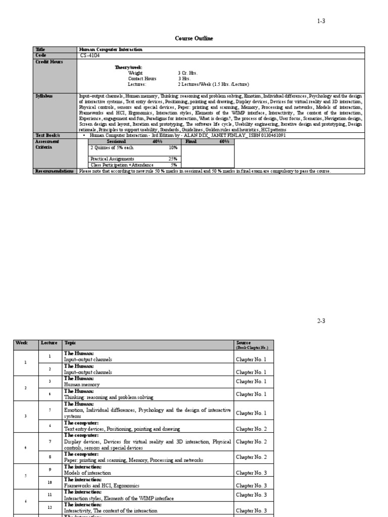 Course Outline HCI | PDF | Human–Computer Interaction | Usability