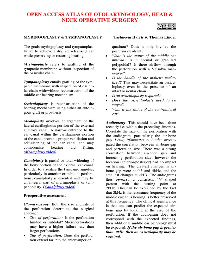 Myringoplasty and Tympanoplasty | PDF | Ear | Human Head And Neck