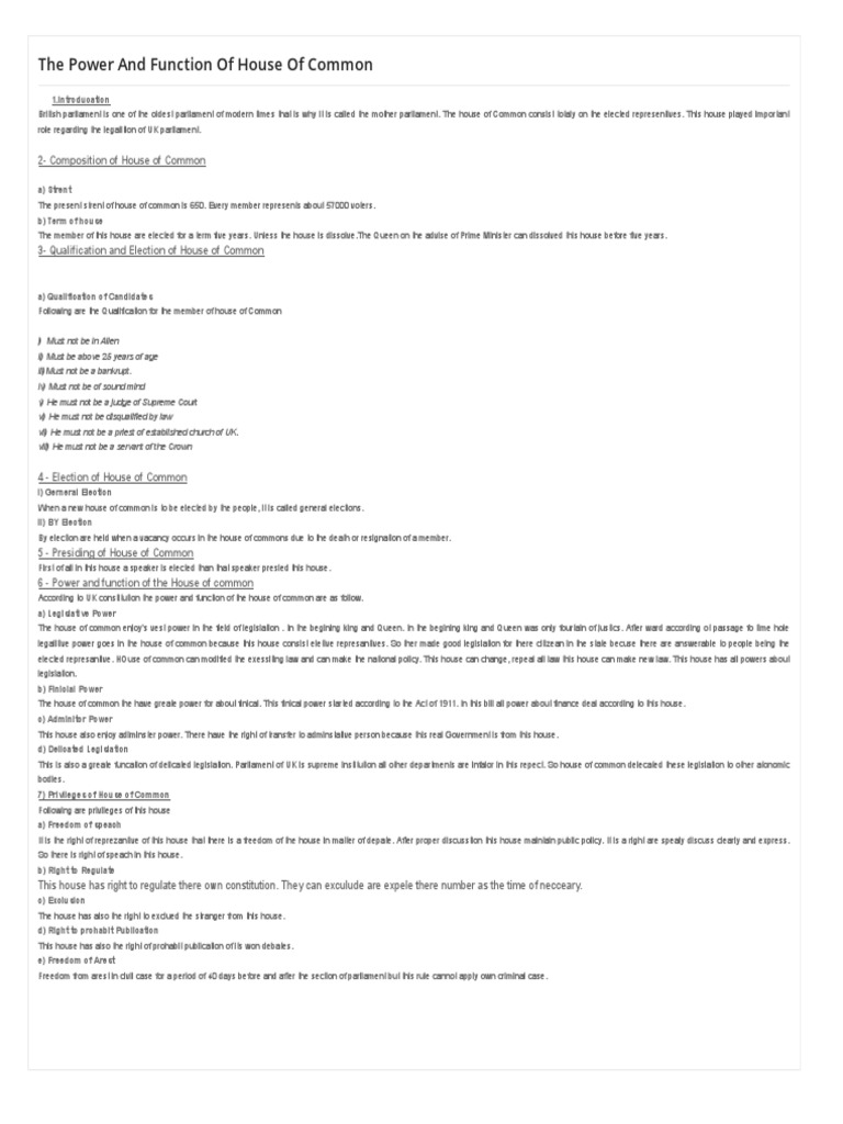 The Power and Function of House of Common | PDF | Parliament Of The ...