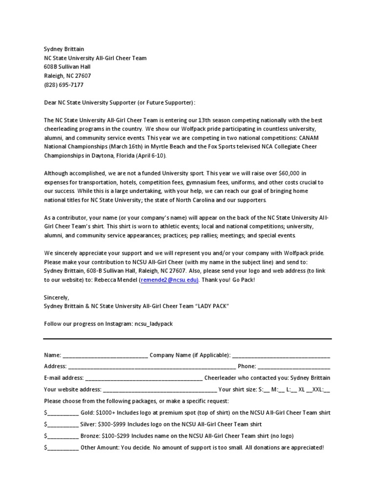 NCSU All-Girl Cheer Sponsorship Letter | Download Free PDF ...