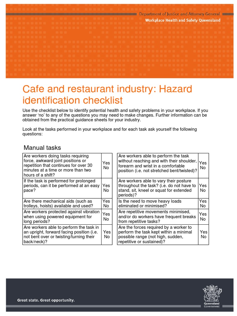 Hazard Identification Checklist Cafe | Prevention | Safety