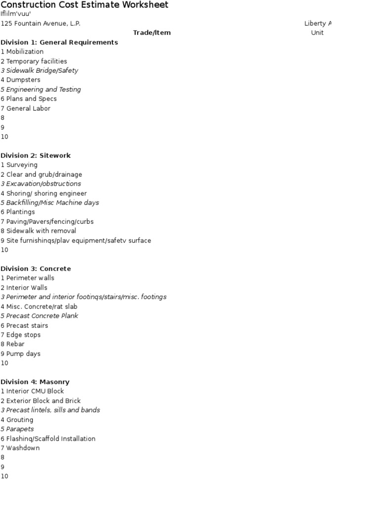 Civil Construction Cost Estimate Worksheet | PDF | Precast Concrete | Door