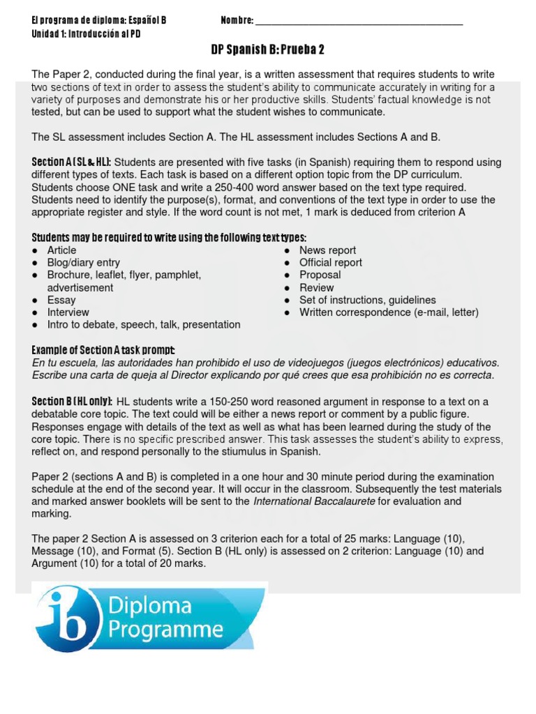 Diploma Program: Spanish B Paper 2 Guide | PDF | Educational Assessment ...