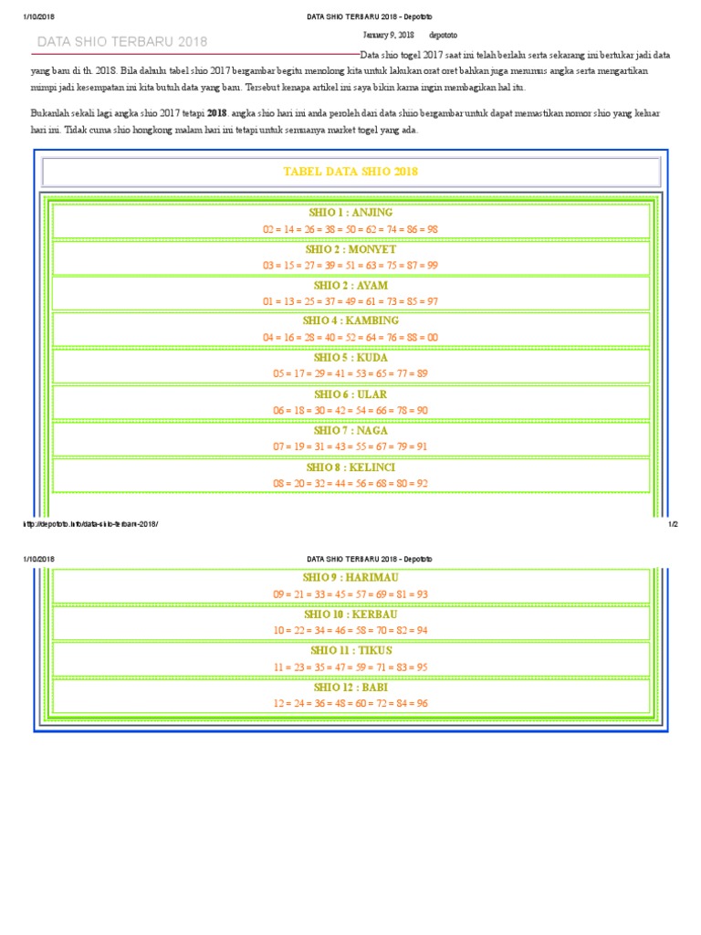 Data Shio Terbaru 2018 - Depototo | PDF
