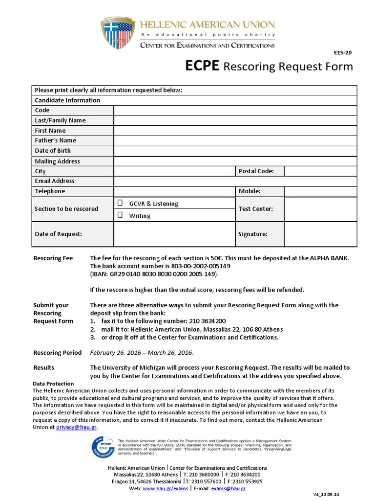 E15-20 Ecpe Rescoring Request Form v4 | PDF | Address (Geography) | Mail