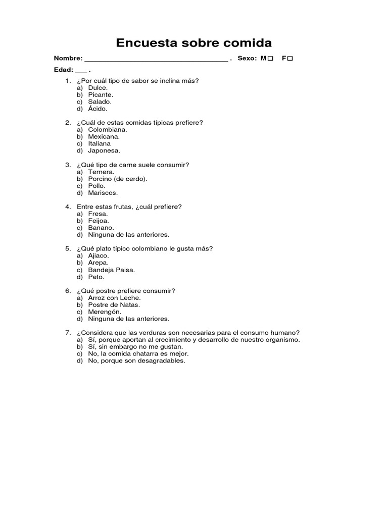 Modelo de Encuesta Sobre Comida | PDF