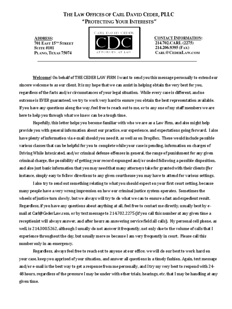 CEDER LAW FIRM Welcome Letter | PDF | Lawyer | Government Information
