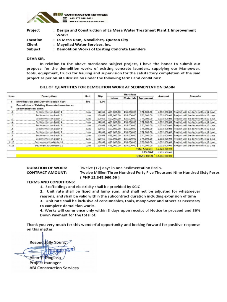 Quotation For Demolition of Sedimentation Basin | PDF