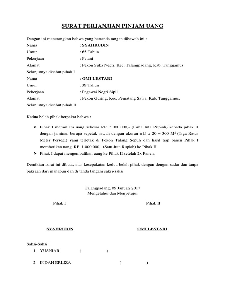 Surat Perjanjian Pinjam Uang | PDF | Hukum