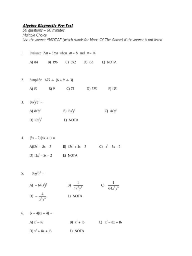 Algebra Practice Test | PDF | Mathematical Analysis | Algebra