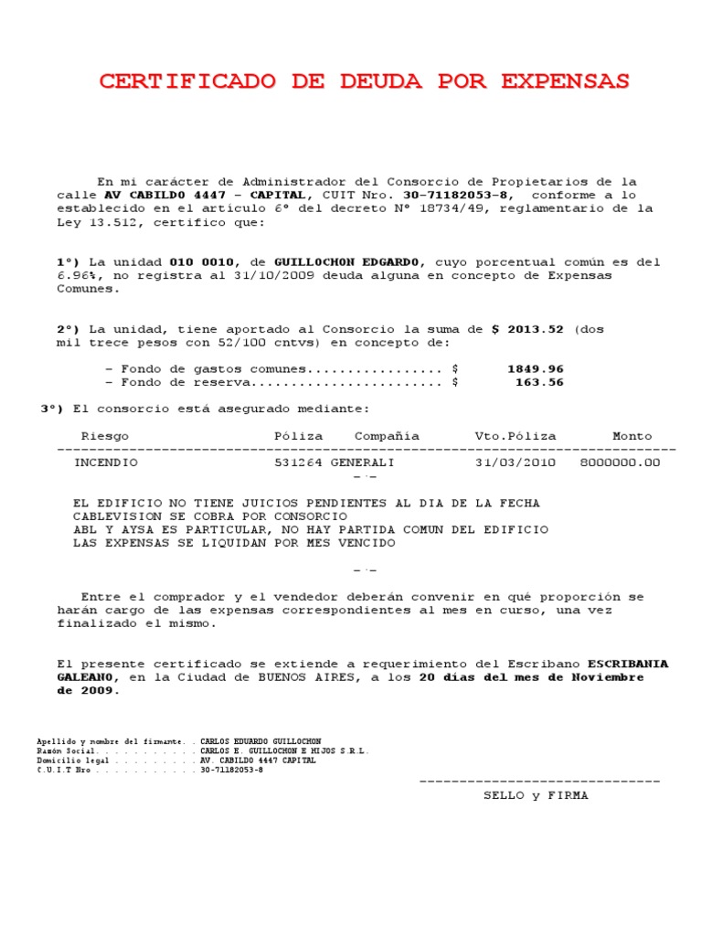 Modelo Certificadode Deuda Por Expensas Libre Deuda | PDF