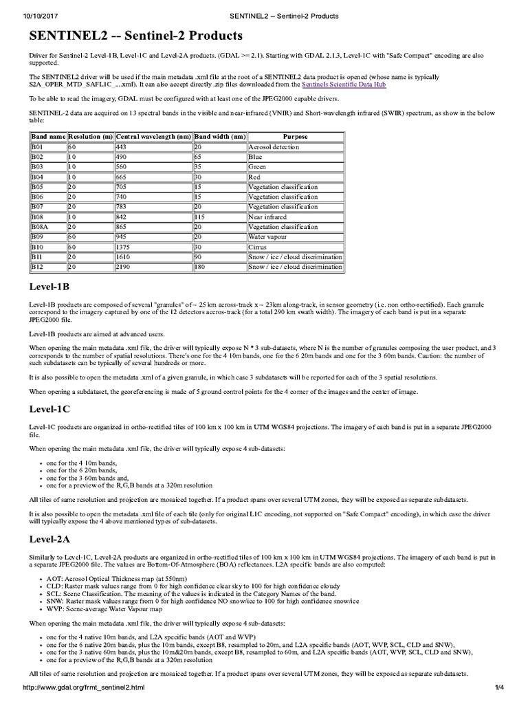 SENTINEL2 Sentinel 2 Products | PDF