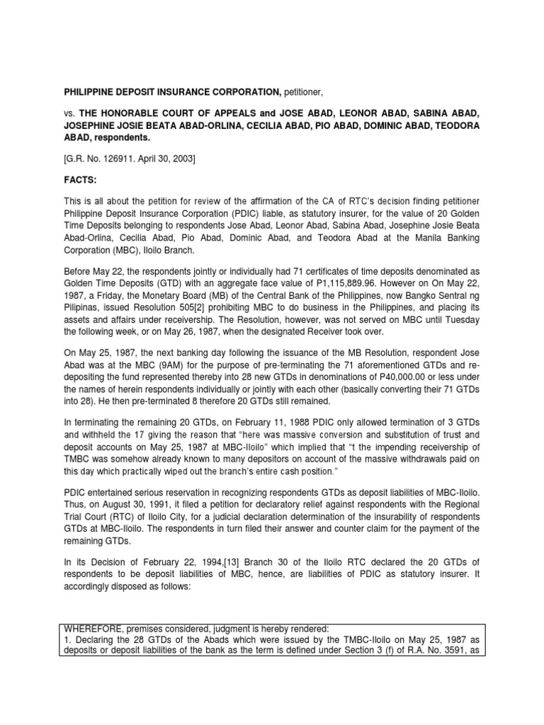 CREDIT TRANS Voluntary Deposits PDIC V CA Et Al G.R. No. 126911. April ...