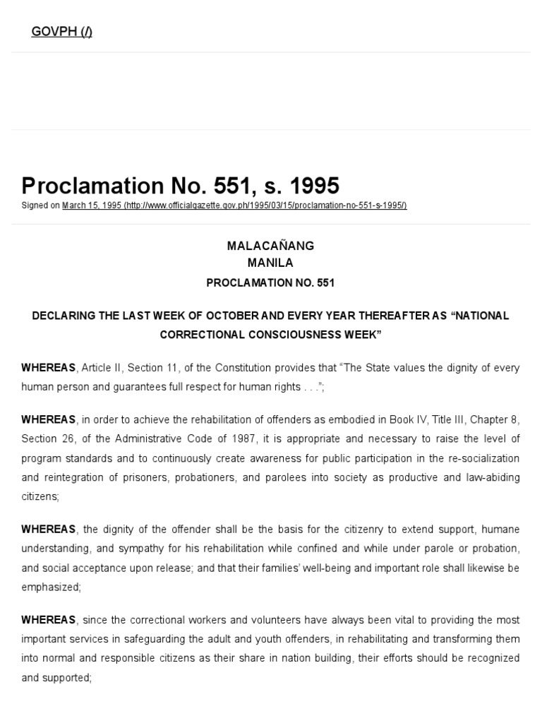 Proclamation No. 551, S | PDF | Probation | Parole