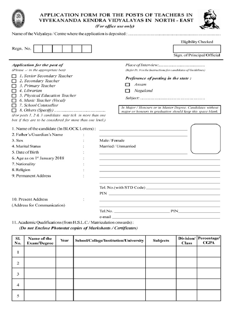 Application Forms With Guidelines For Applicants For VKSPV Teachers ...