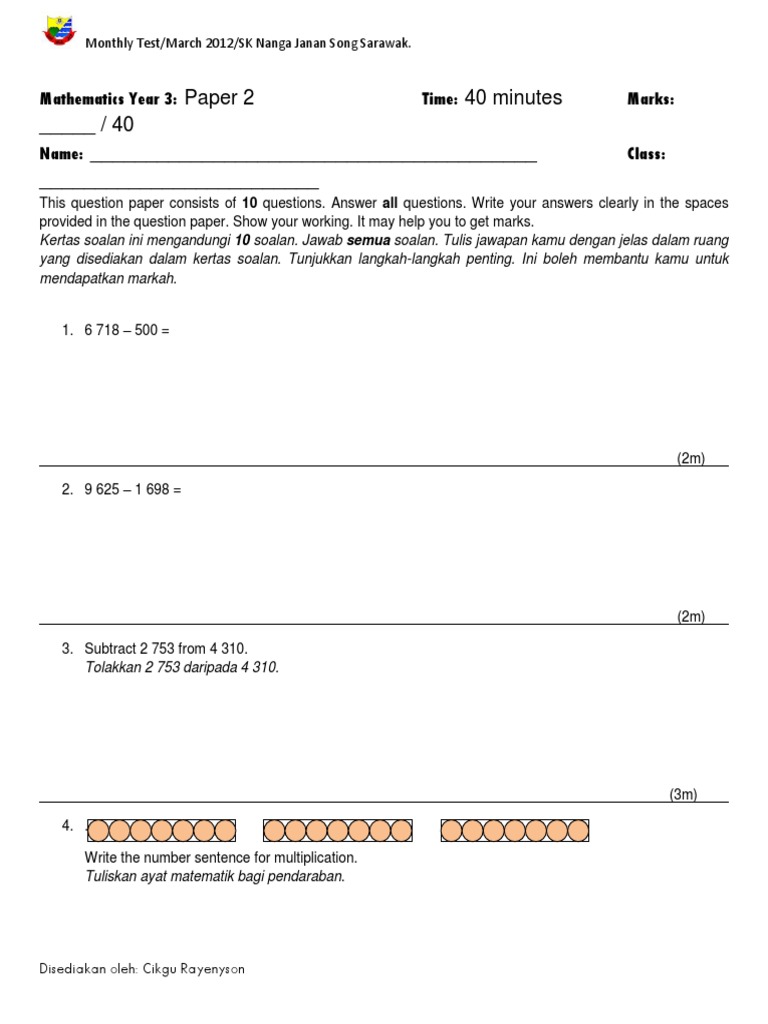 Mathematics Year 3 Paper 2 Mac | PDF