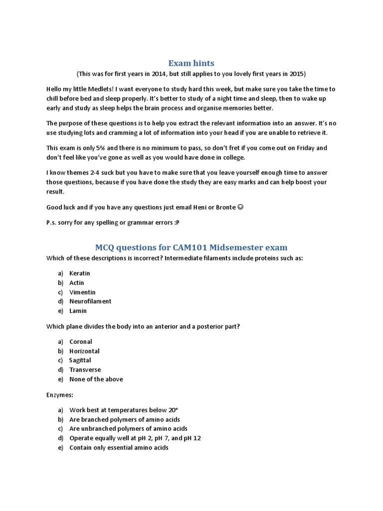 CAM101 Midsem Exam Practise Qns | PDF | Epithelium | Glucose