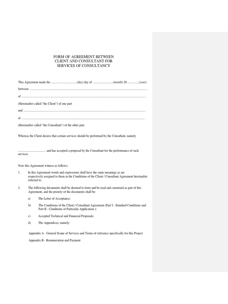 Form of Agreement Between Client and Consultant For | PDF | Indemnity | Arbitration