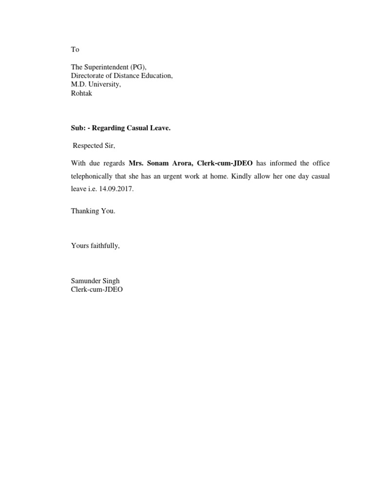 Sub: - Regarding Casual Leave | PDF