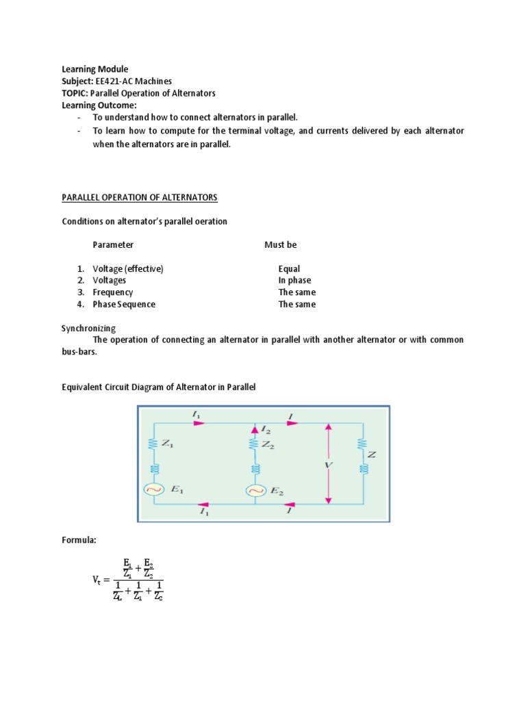 Parallel Alternators Operation Guide | PDF | Teaching Methods ...