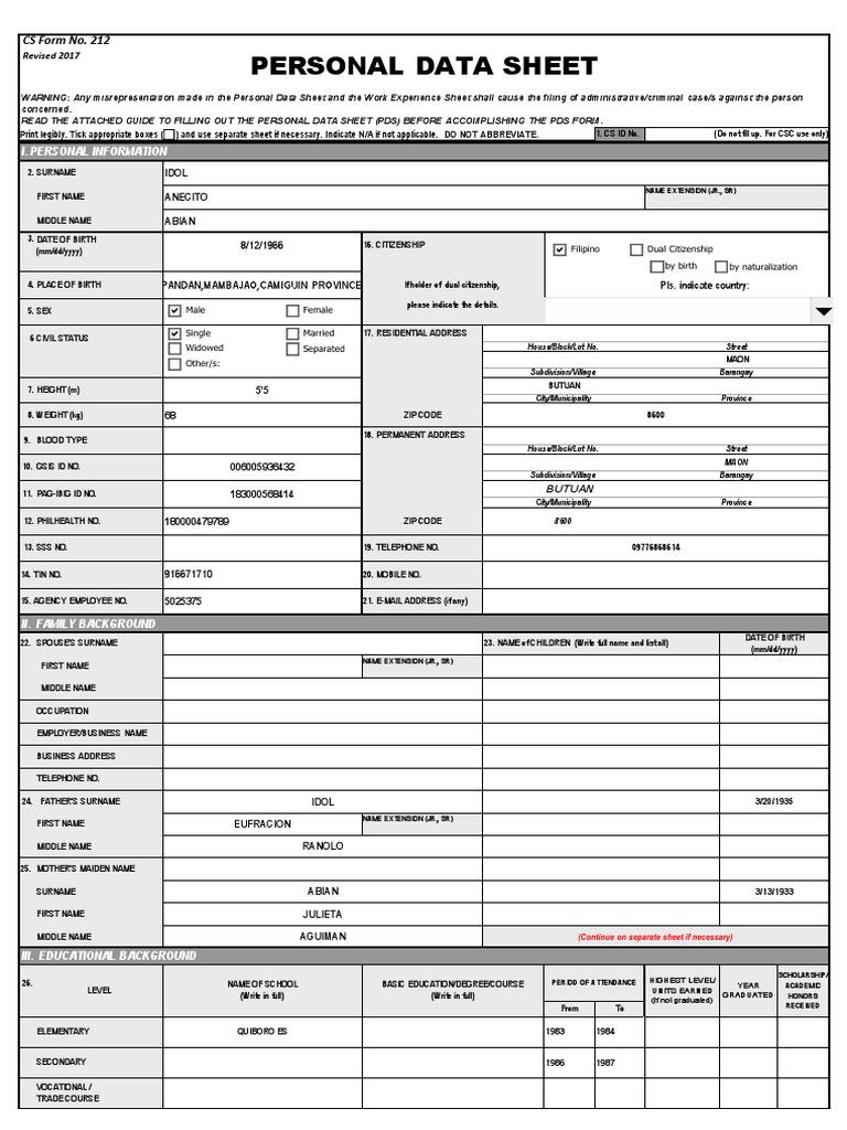 PDS 032117 CS Form No. 212 Revised Personal Data Sheet New 1 2 IDOL PDS ...