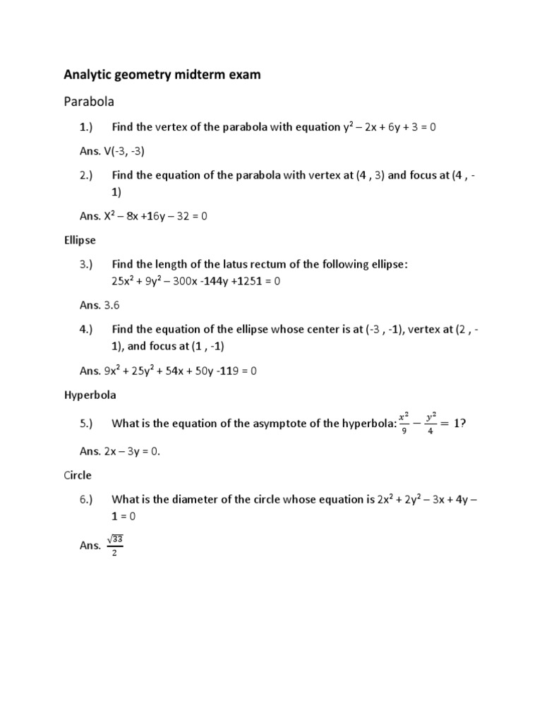 Midterm Analytic Geometry Exam | PDF