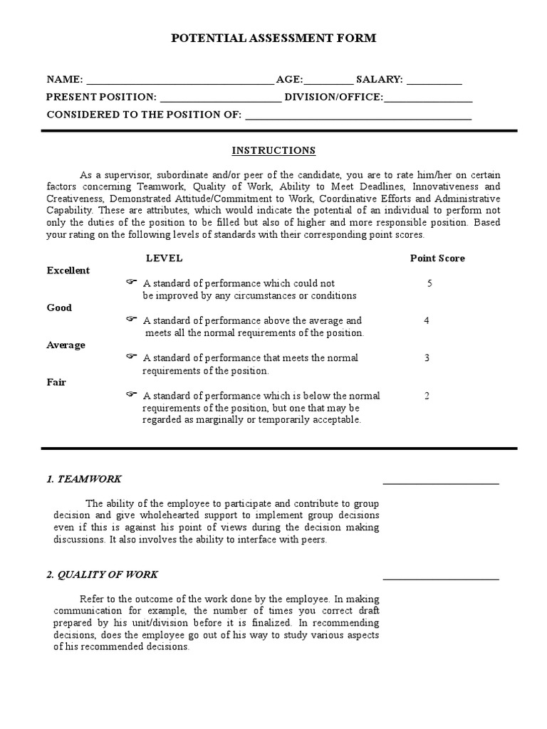 Potential Assessment Form - 2nd Level | PDF | Employment | Decision Making