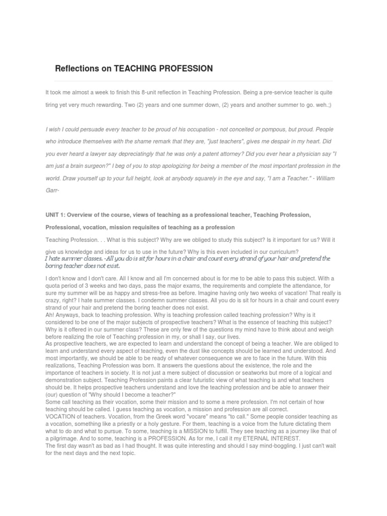 Reflections On TEACHING PROFESSION | PDF | Teachers | Morality