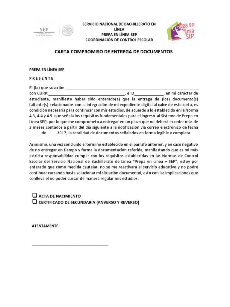 Carta Compromiso de Entrega de Documentos Faltantes 14 Nov 17 | PDF