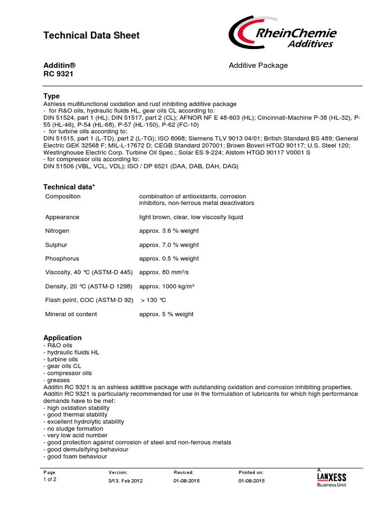 En Additin RC 93210 | PDF | Motor Oil | Corrosion