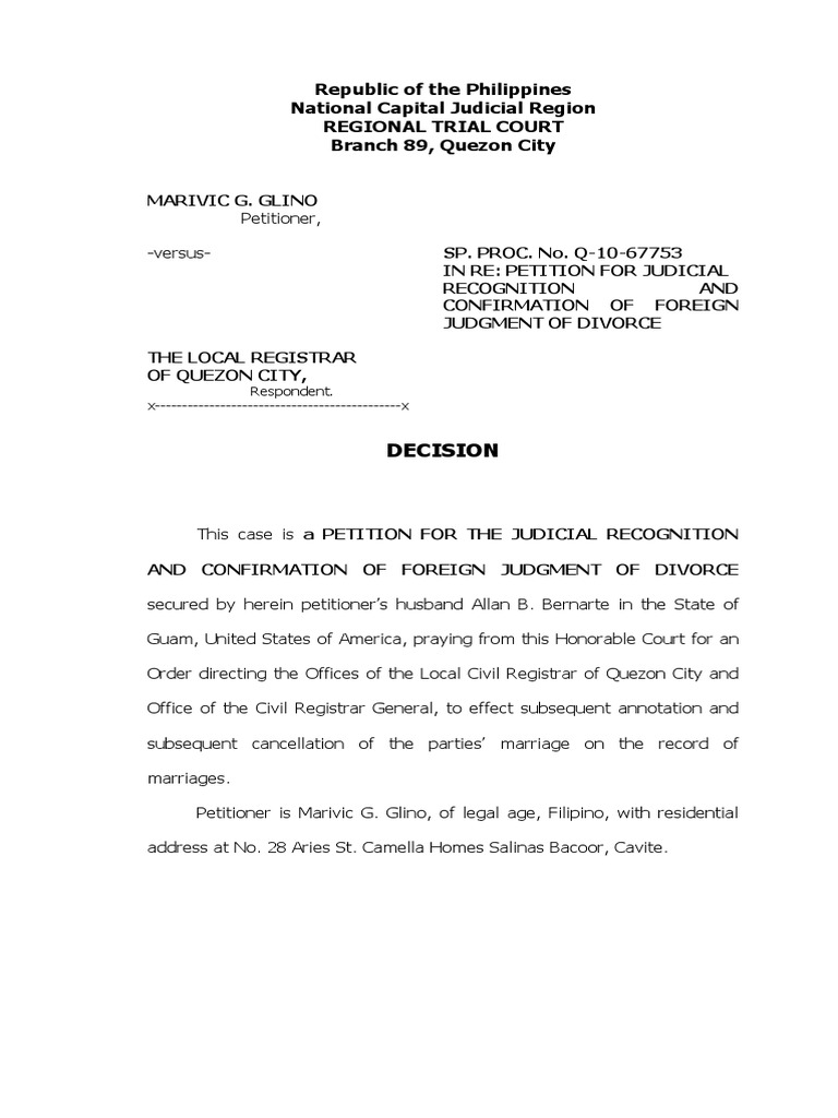 Glino vs. Civil Registrar of QC | PDF | Judgment (Law) | Divorce