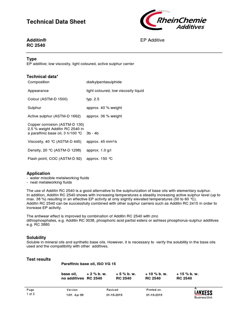 En Additin RC 2540 | PDF | Oil | Sulfur