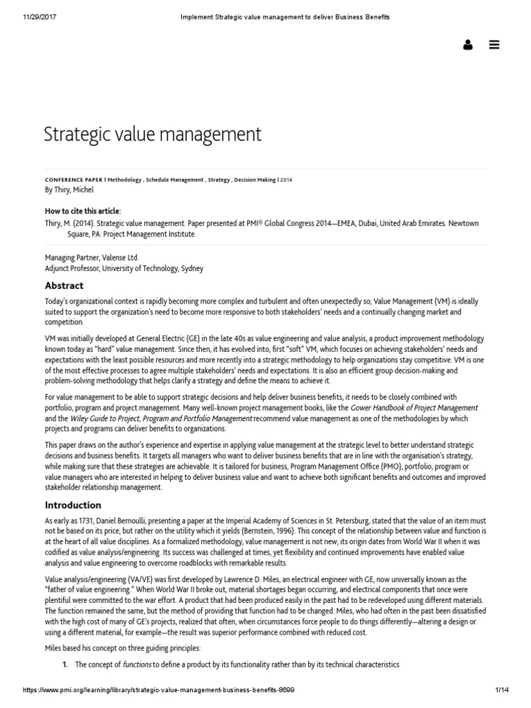 Strategic Value Management - Michael Thiry | PDF | Strategic Management ...
