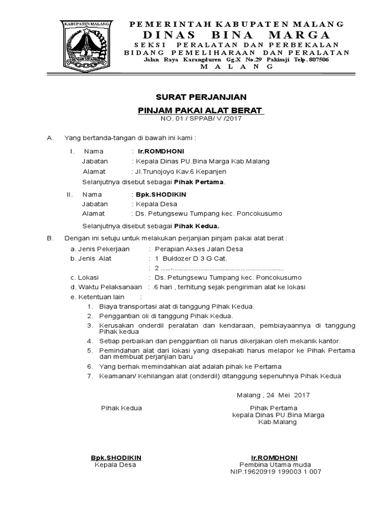 Surat Perjanjian Pinjam Pakai Alat 2012 | PDF