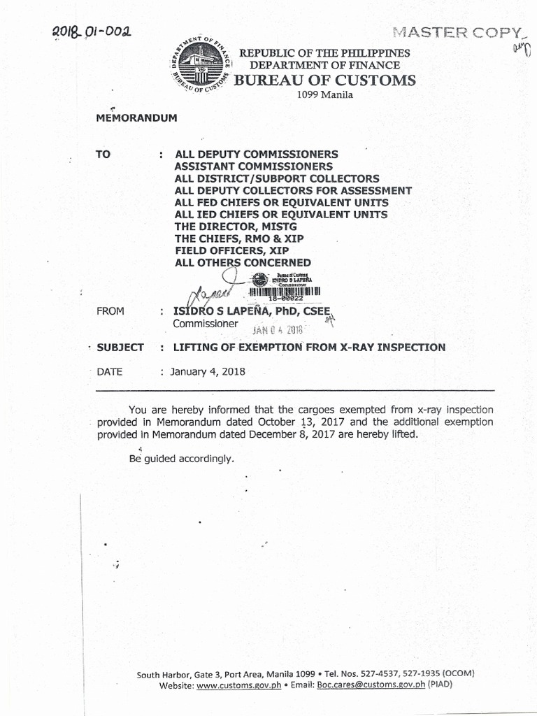 Bureau of Customs Memo 2018 - 01 - 002 Lifting of Exemption From X-Ray ...