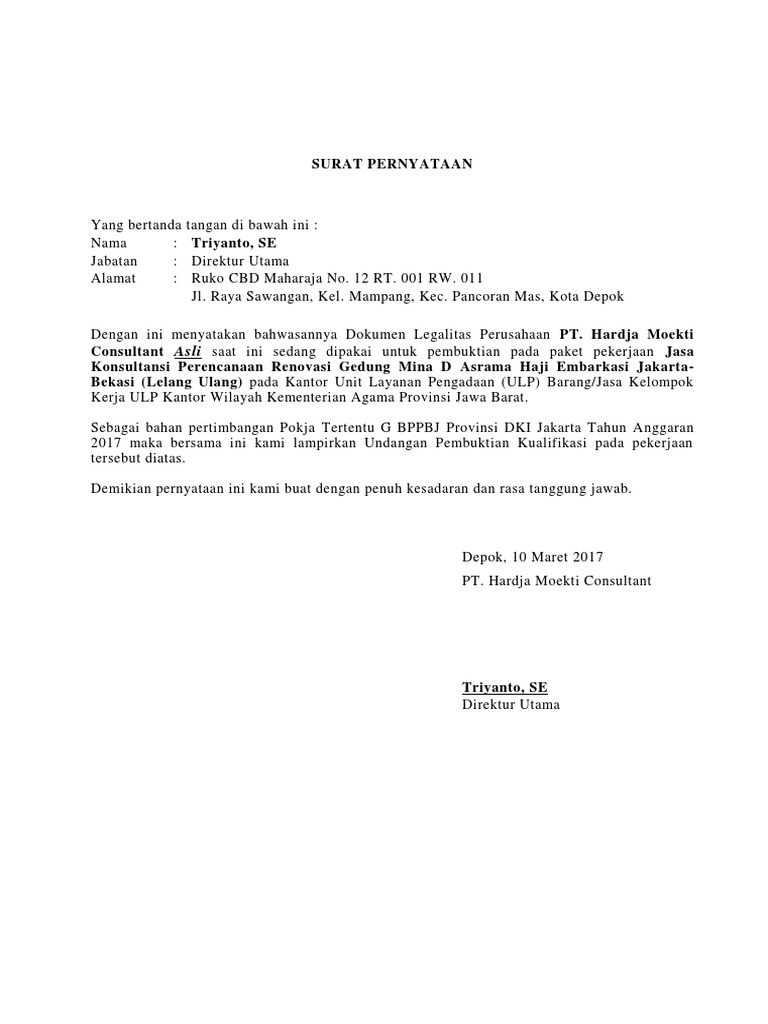 Surat Pernyataan Legalitas Dipakai | PDF