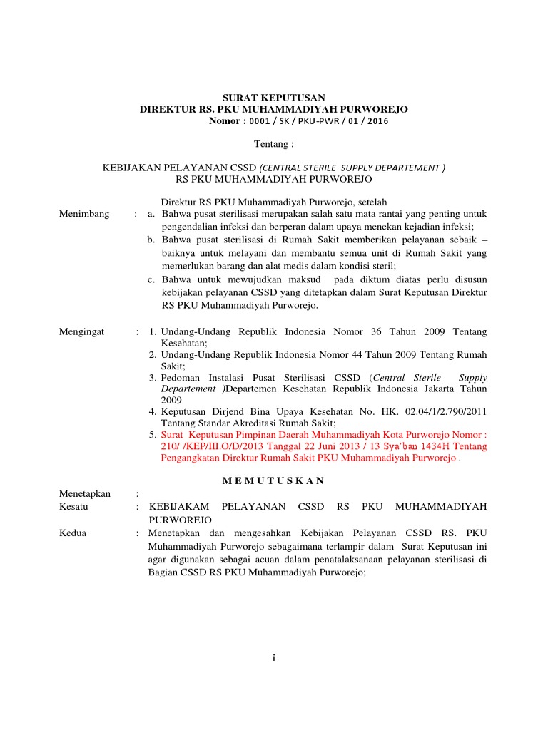 SK Kebijakan Pelayanan CSSD | PDF