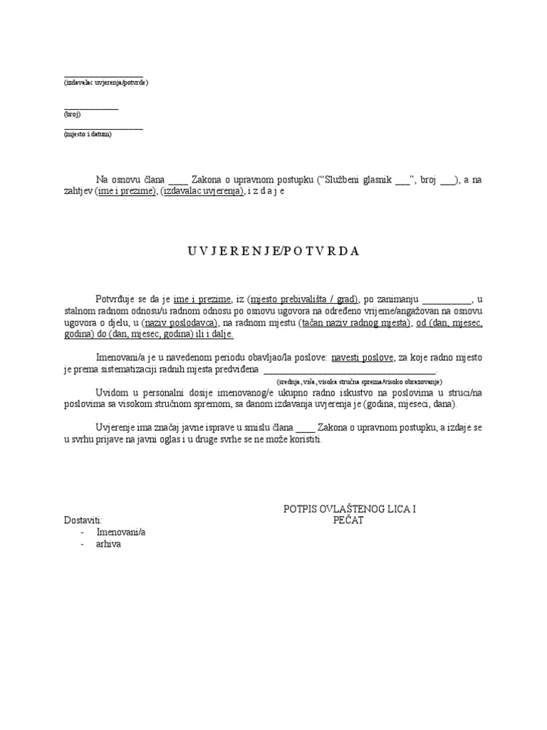 Primjer Potvrde o Radnom Iskustvu | PDF