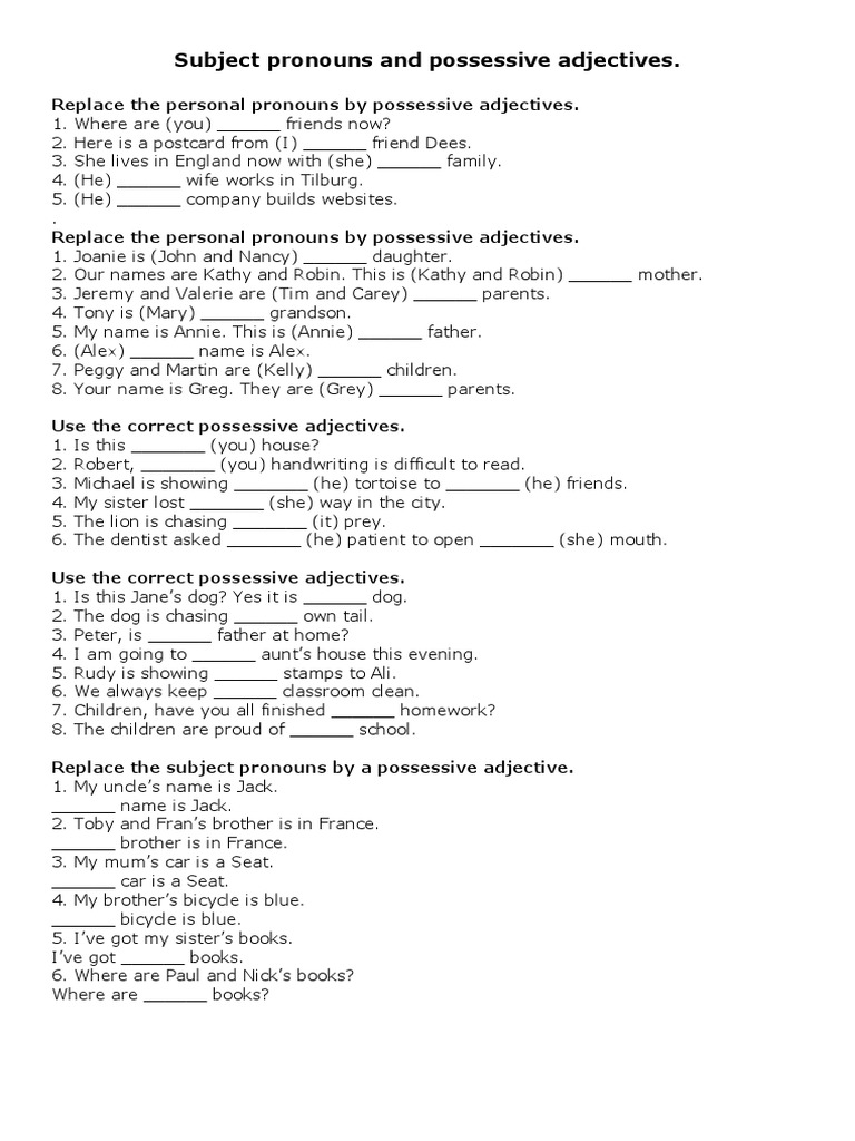 Subject Pronouns and Possessive Adjectives | PDF | Semantic Units | Syntax