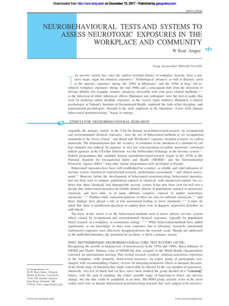 Neurobehavioural Tests and Systems To Assess Neurotoxic Exposures in ...