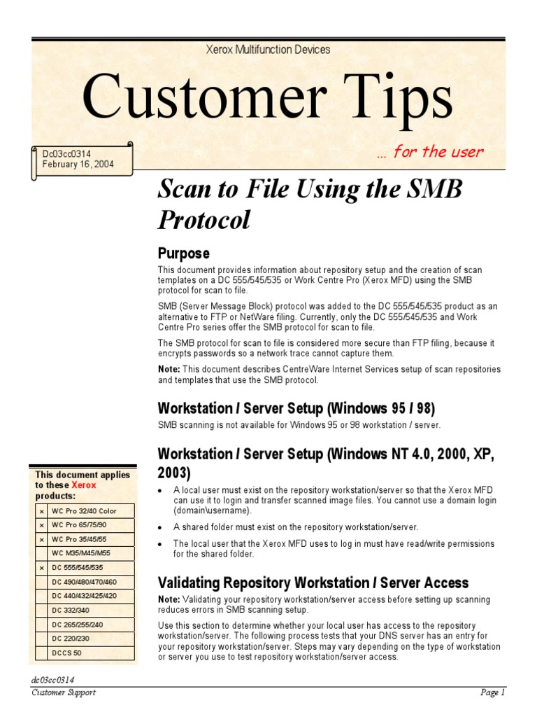 Customer Tips: Scan To File Using The SMB Protocol | PDF | Domain Name System | File Transfer ...